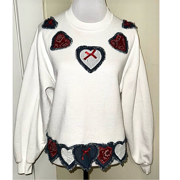 Jerzees | Tops | Vintage 9s White Denim Heart Border Trim Long Sleeve ...